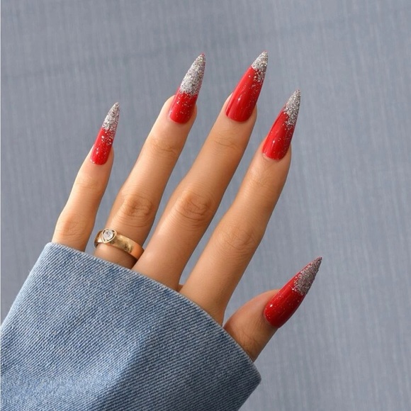 Unknown | Makeup | Red Silver Glitter Stiletto Long Press On Nails ...